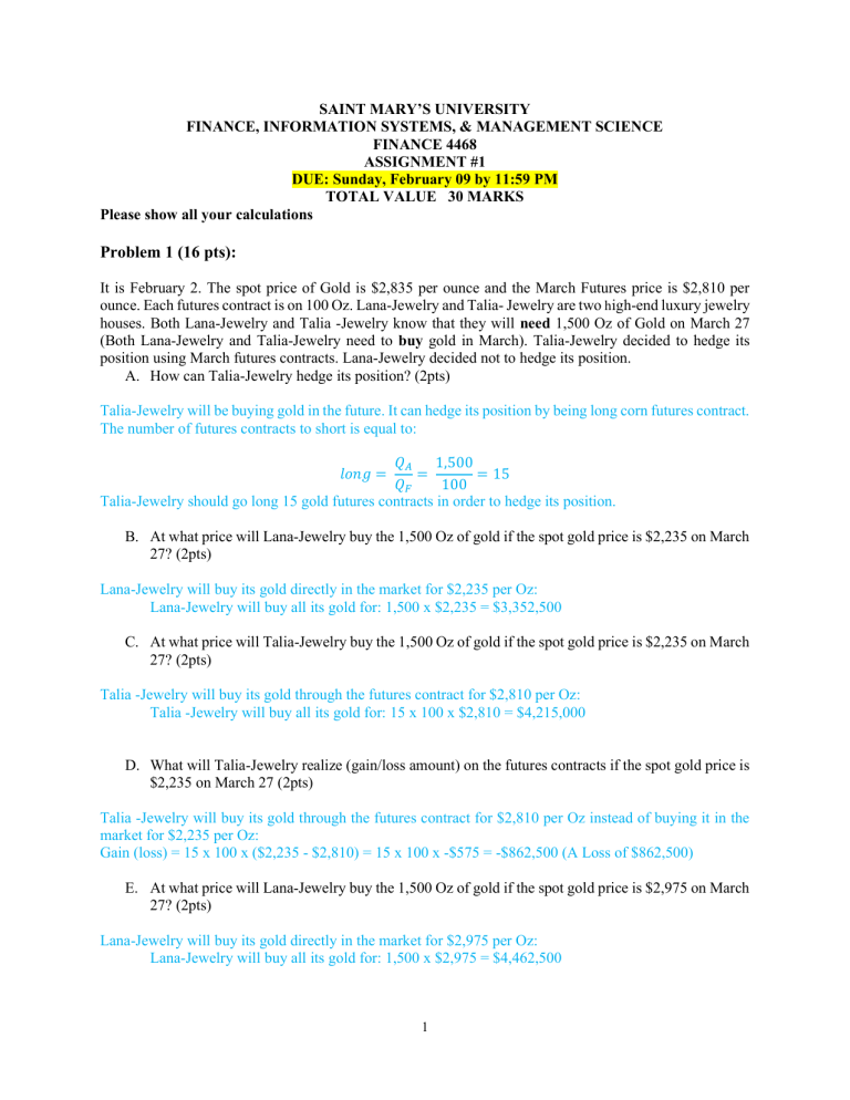 Finance Assignment: Hedging with Futures Contracts