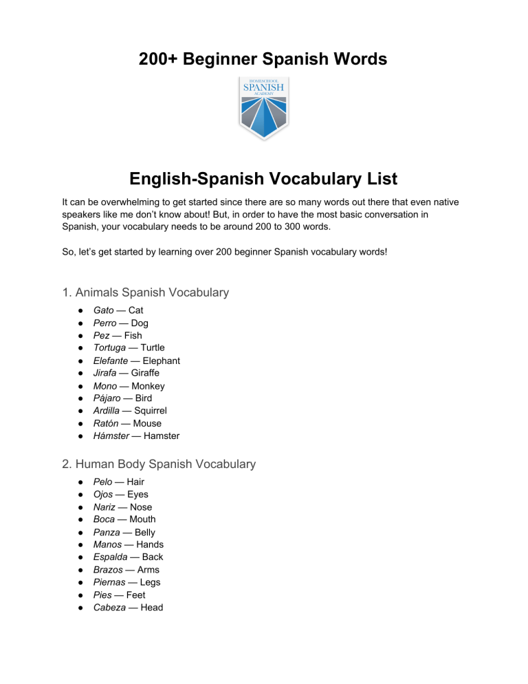 Beginner Spanish Vocabulary List: 200+ Words