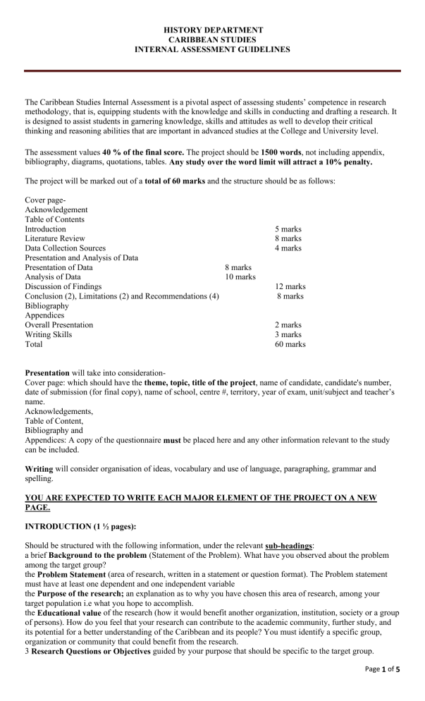 Caribbean Studies IA Guidelines: Research Project Structure