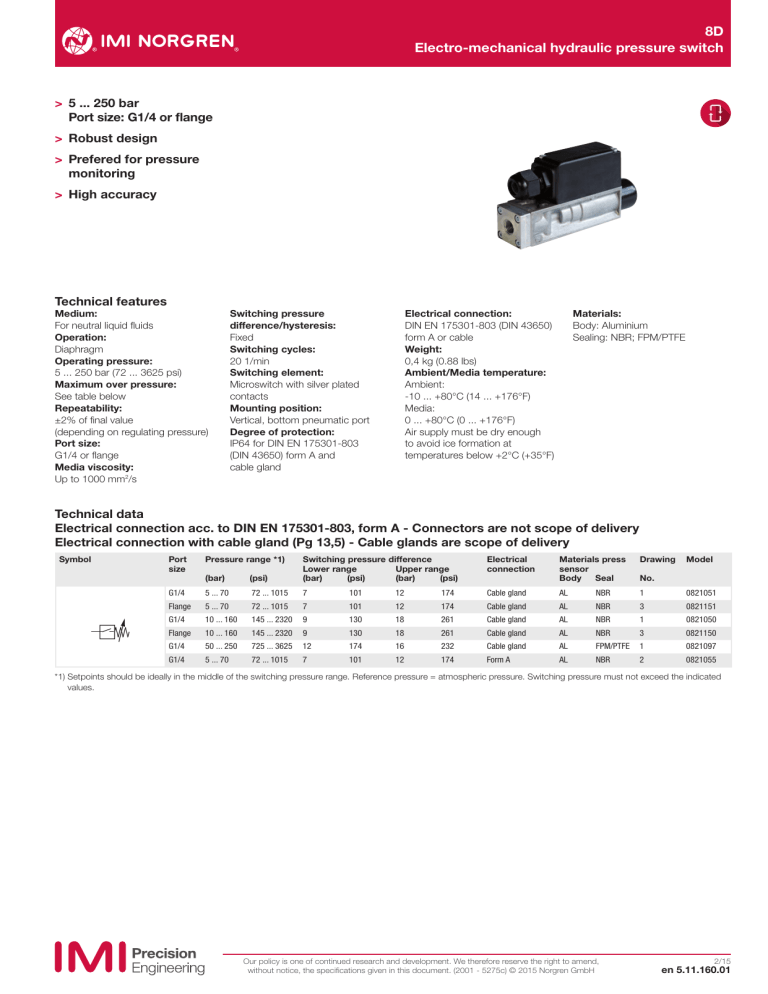 Norgren 8D Hydraulic Pressure Switch Datasheet