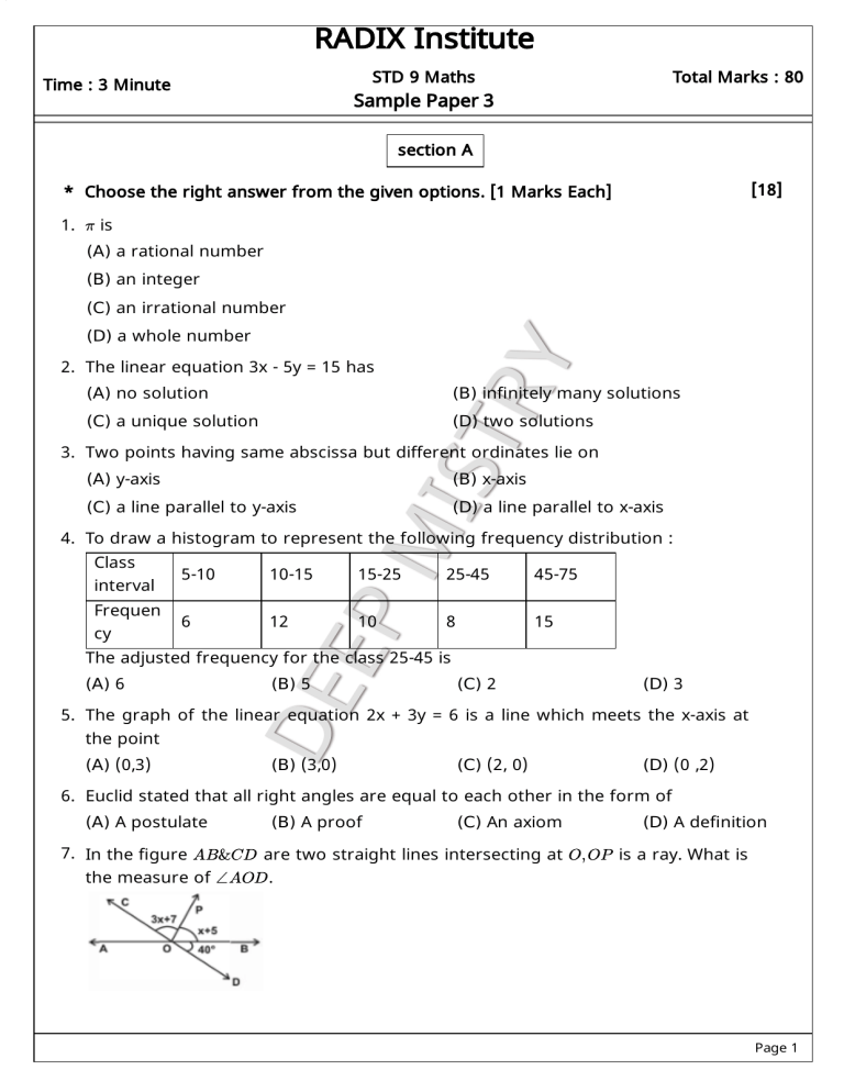 STD 9 Maths Sample Paper - RADIX Institute