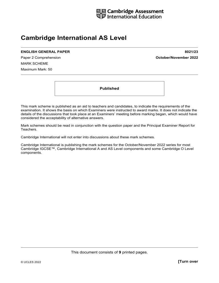 Cambridge AS Level English Paper 2 Mark Scheme