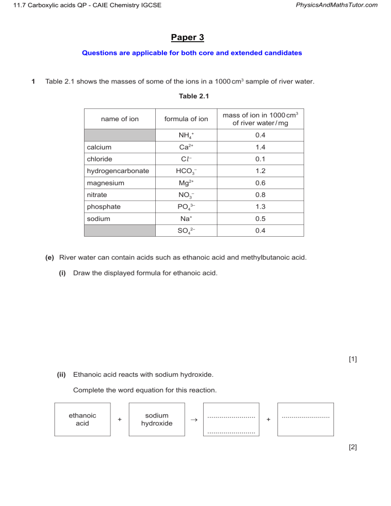 Carboxylic Acids IGCSE Chemistry Exam Paper