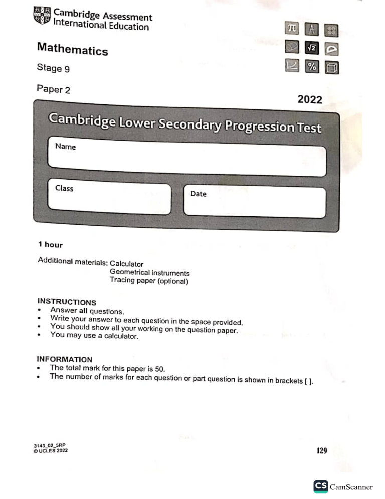 Stage 9 Mathematics Test Paper 2022
