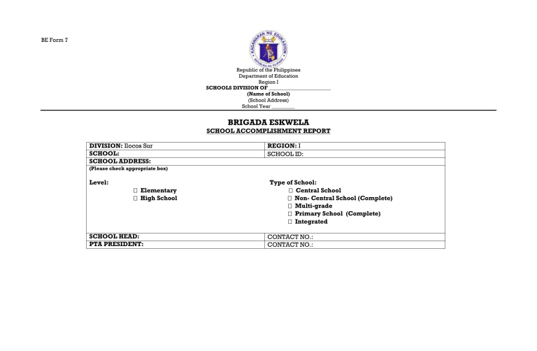 Brigada Eskwela School Accomplishment Report Form