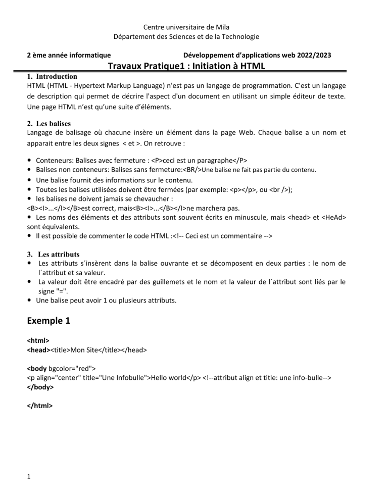 Travaux Pratiques d'Initiation HTML pour le Développement Web