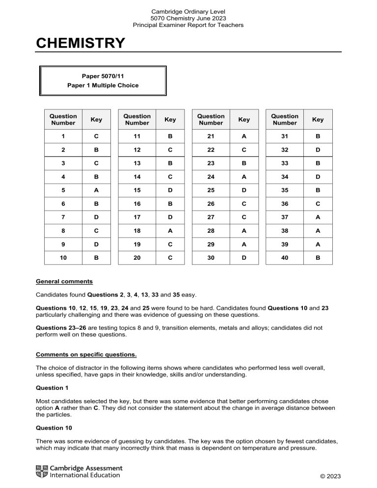 Chemistry 5070/11 Examiner Report: June 2023