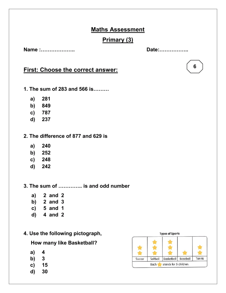 Primary 3 Maths Assessment - Addition, Subtraction, Shapes