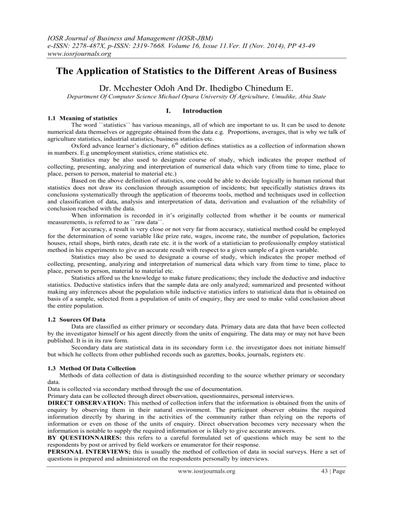 Statistics in Business: Applications & Methods