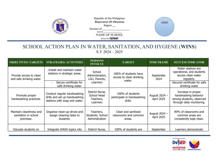 School Action Plan: Water, Sanitation & Hygiene (WINS)