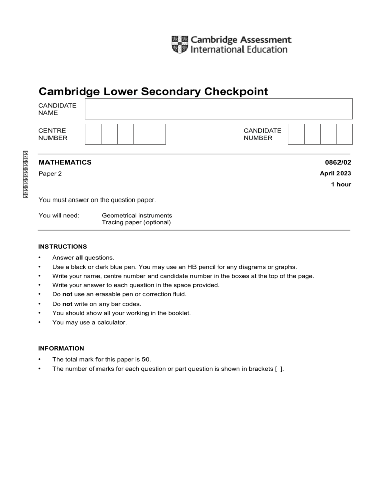 Cambridge Lower Secondary Checkpoint Mathematics Exam Paper