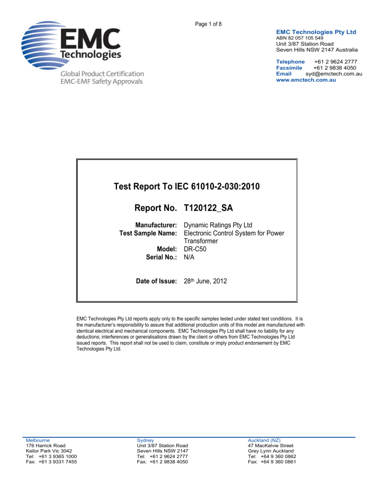 IEC 61010-2-030 Test Report: DR-C50 Control System