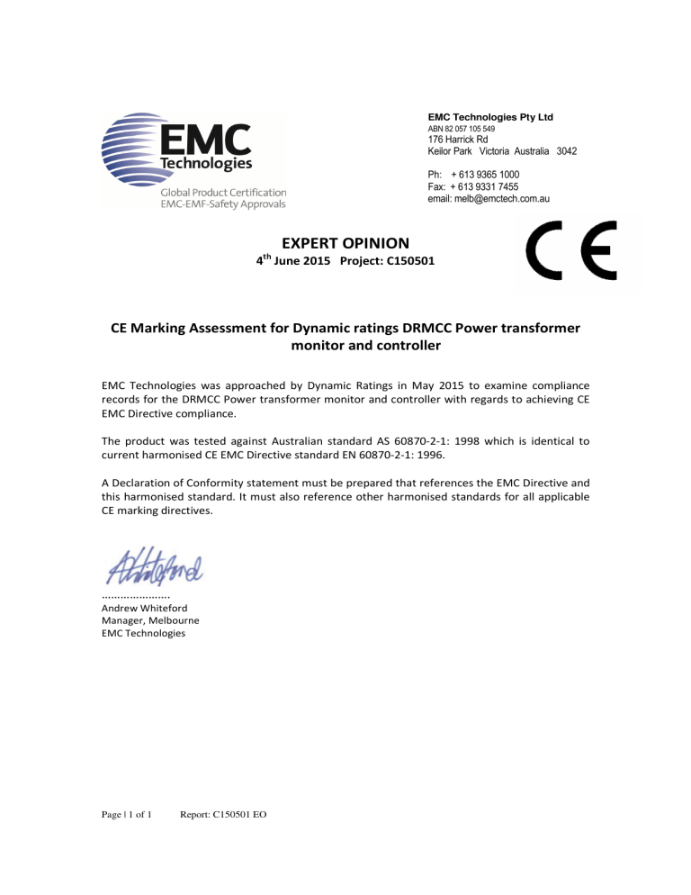CE Marking Assessment: Dynamic Ratings DRMCC Transformer Controller