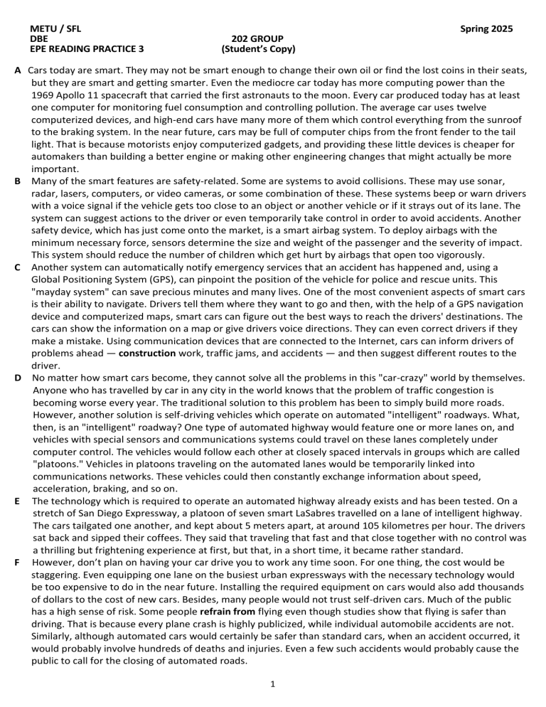 Smart Cars Reading Practice for EFL Students