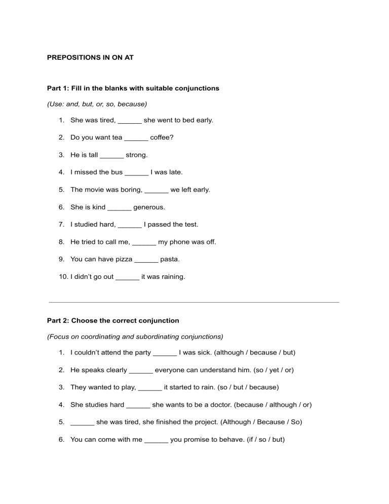 Conjunctions Worksheet: Grammar Practice