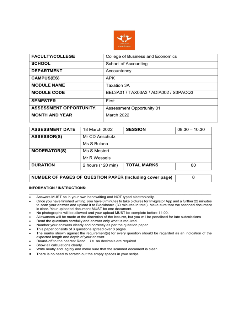 Taxation 3A Exam Paper - VAT & Income Tax