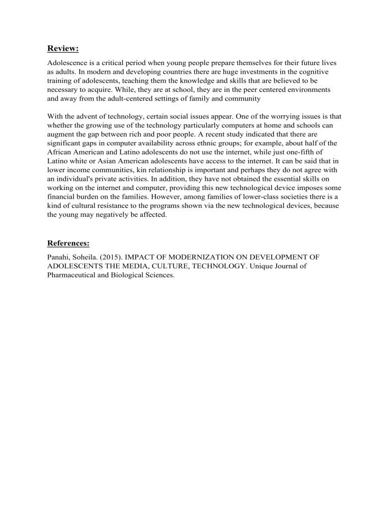 Adolescence, Technology & Modernization: A Review