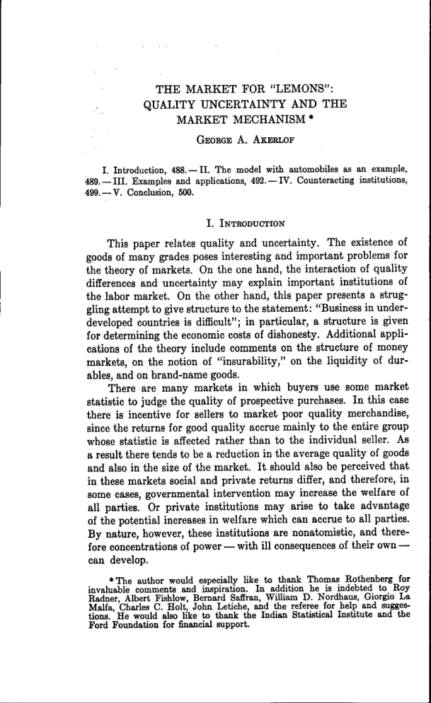 Quality Uncertainty & Market Mechanism: The Market for Lemons