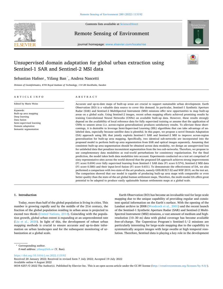 Urban Extraction With Sentinel Data Domain Adaptation