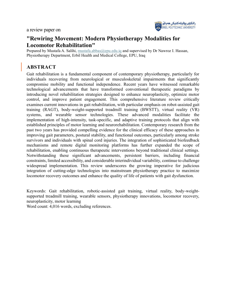 Locomotor Rehabilitation: Modern Physiotherapy Modalities