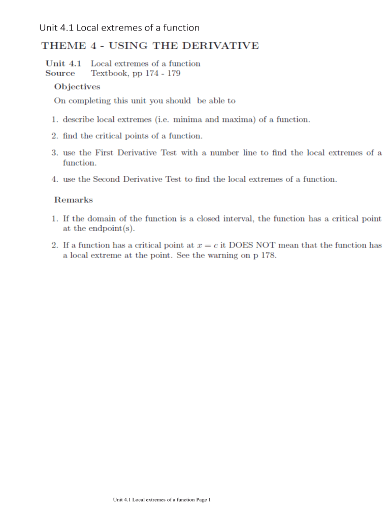 Local Extremes of a Function: Calculus Notes