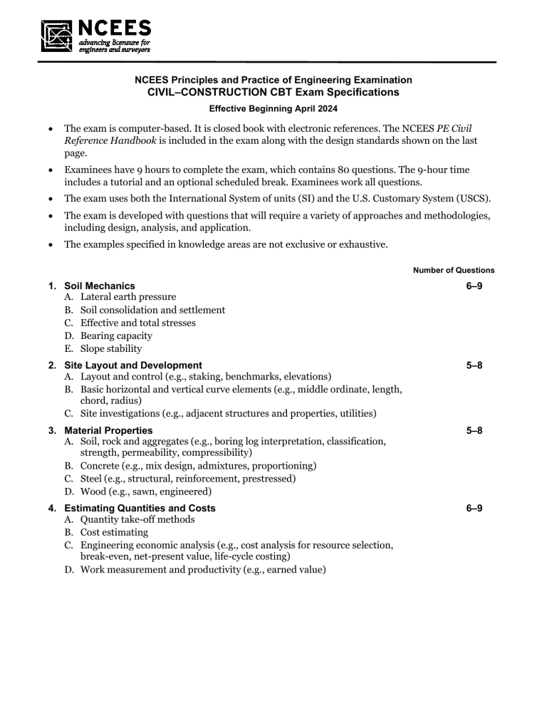 NCEES Civil-Construction PE Exam Specifications (April 2024)