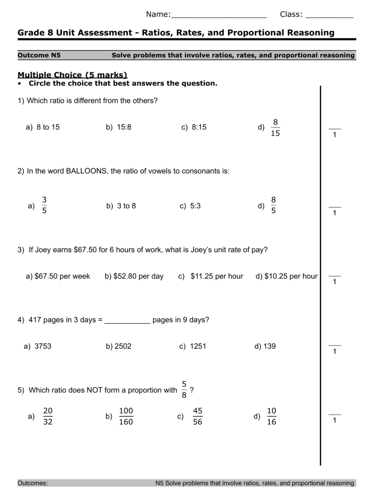 Grade 8 Ratios, Rates, Proportional Reasoning Assessment