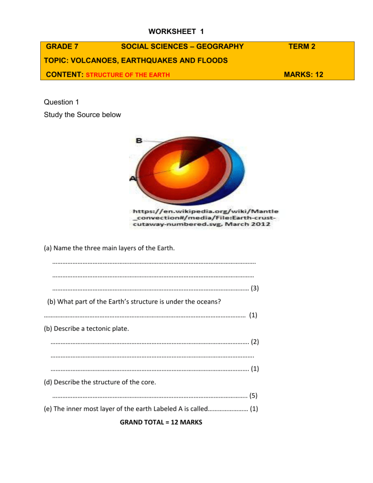 Volcanoes, Earthquakes & Floods Worksheet - Grade 7