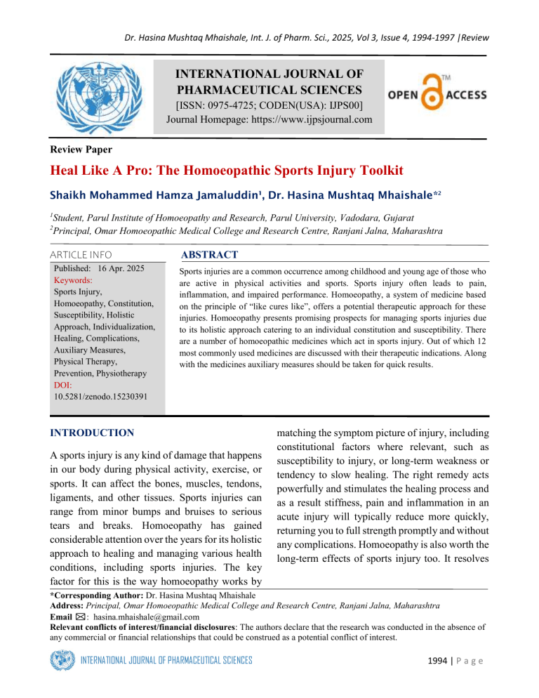 Homoeopathic Sports Injury Toolkit: A Review