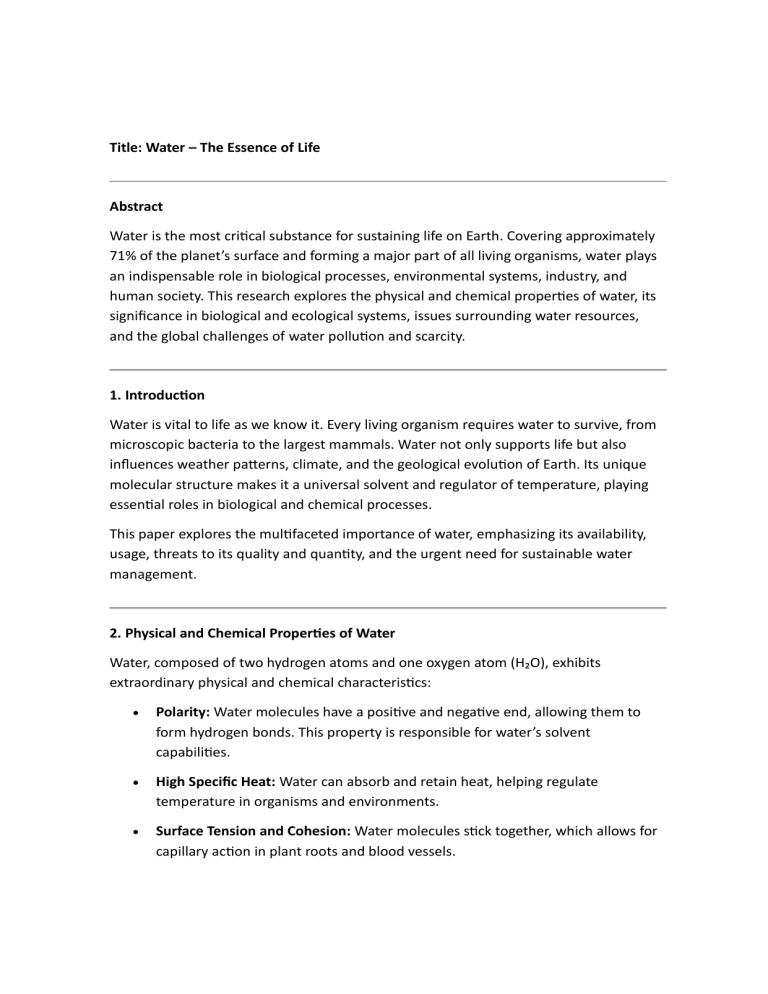 Water: The Essence of Life - Resources, Pollution & Management