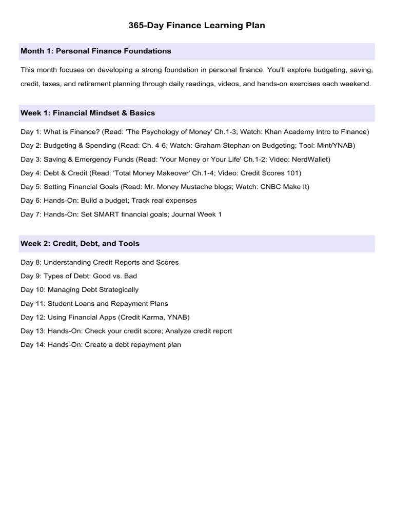 365-Day Finance Learning Plan: Personal Finance Foundations