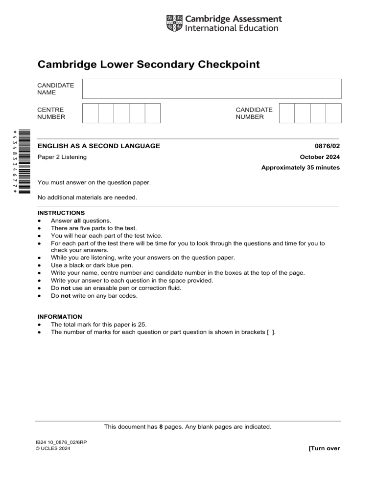 ESL Listening Exam: Cambridge Lower Secondary Checkpoint