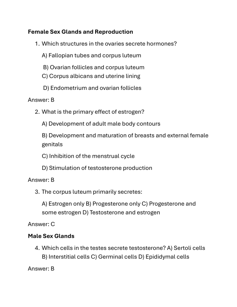 Endocrine & Reproductive System Test Questions