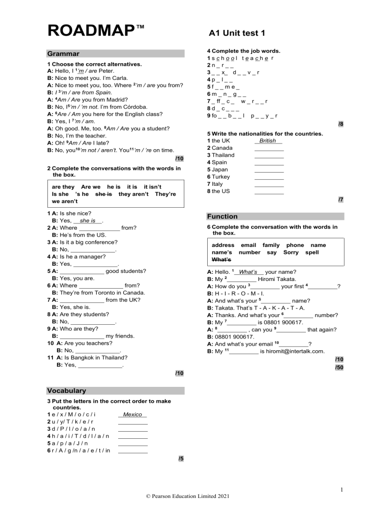 A1 English Unit Test: Grammar, Vocabulary, Function
