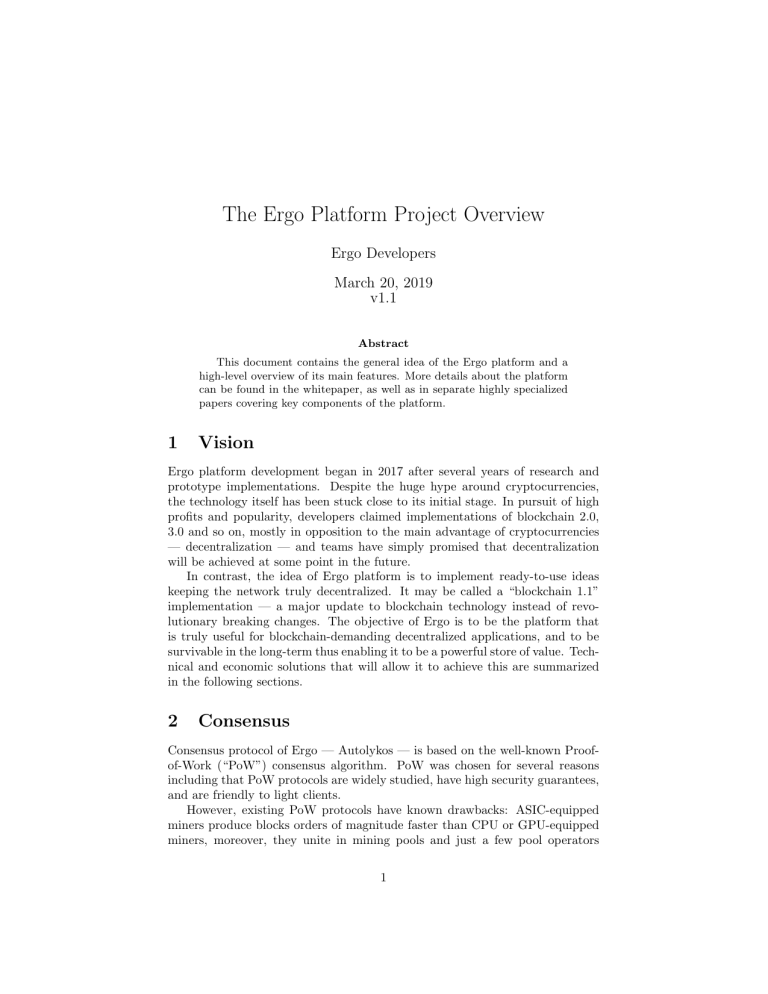 Ergo Platform Project Overview: Blockchain 1.1