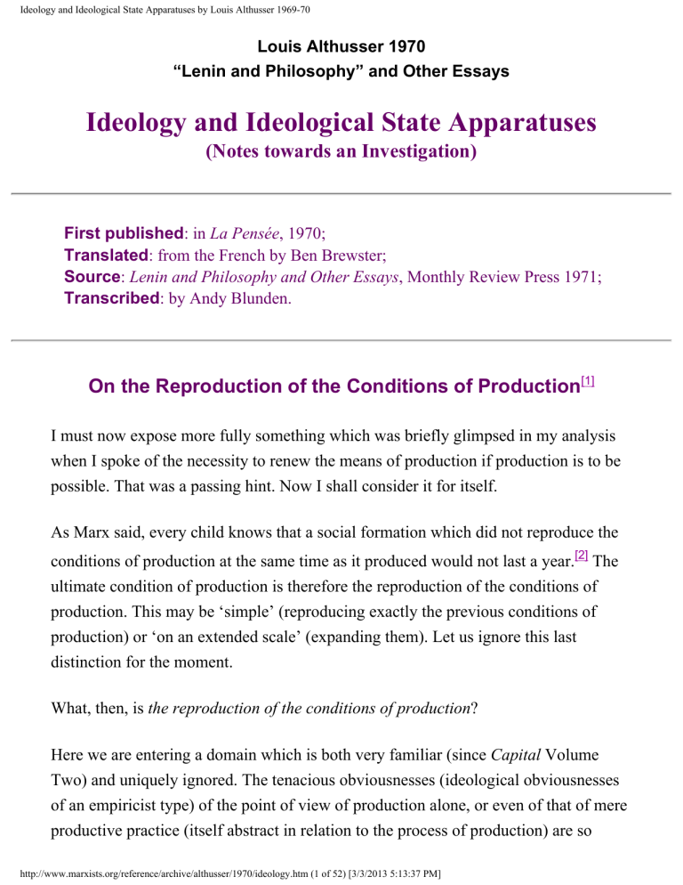 Althusser: Ideology and State Apparatuses