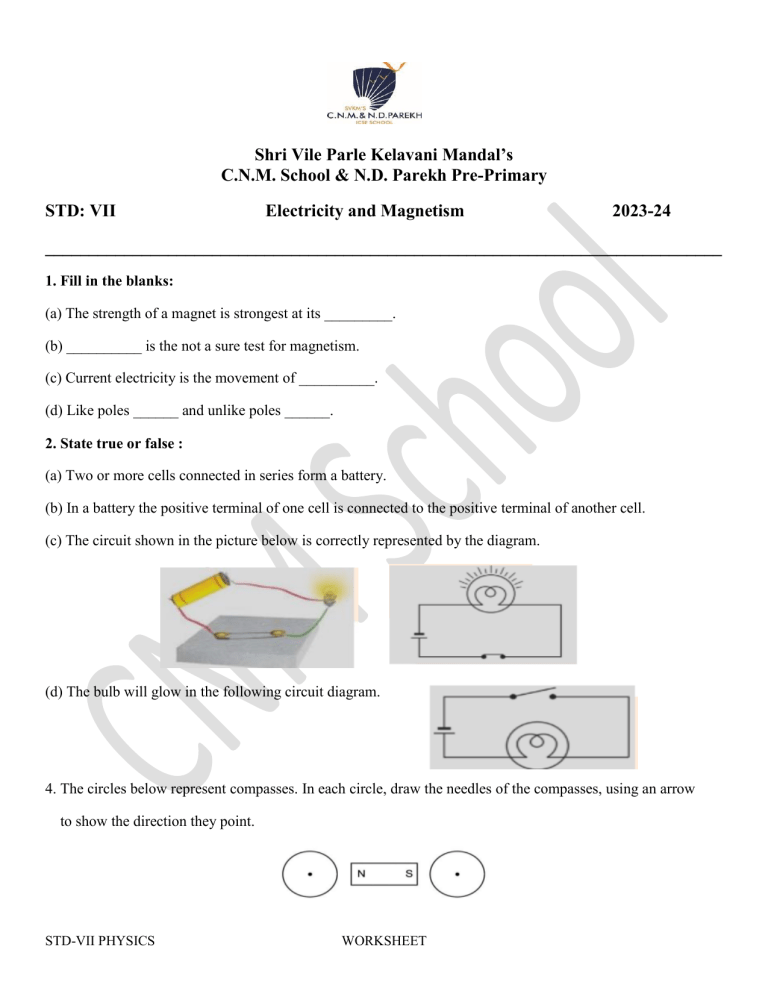 Electricity and Magnetism Worksheet for Grade 7