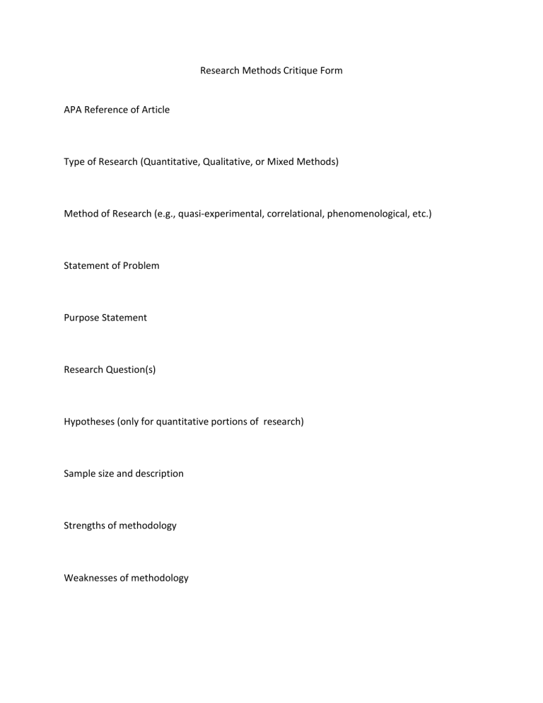Research Methods Critique Form
