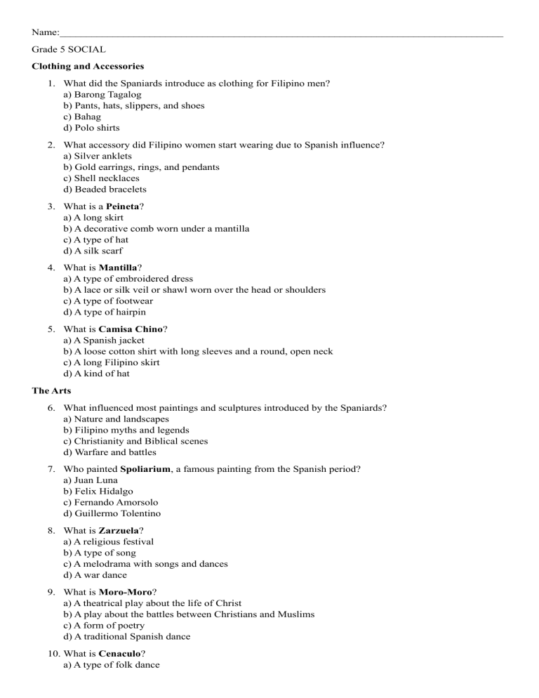 Spanish Influence on Filipino Culture - Grade 5 Worksheet