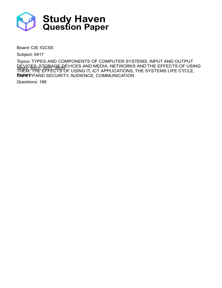 IGCSE Computer Science Question Paper (0417)