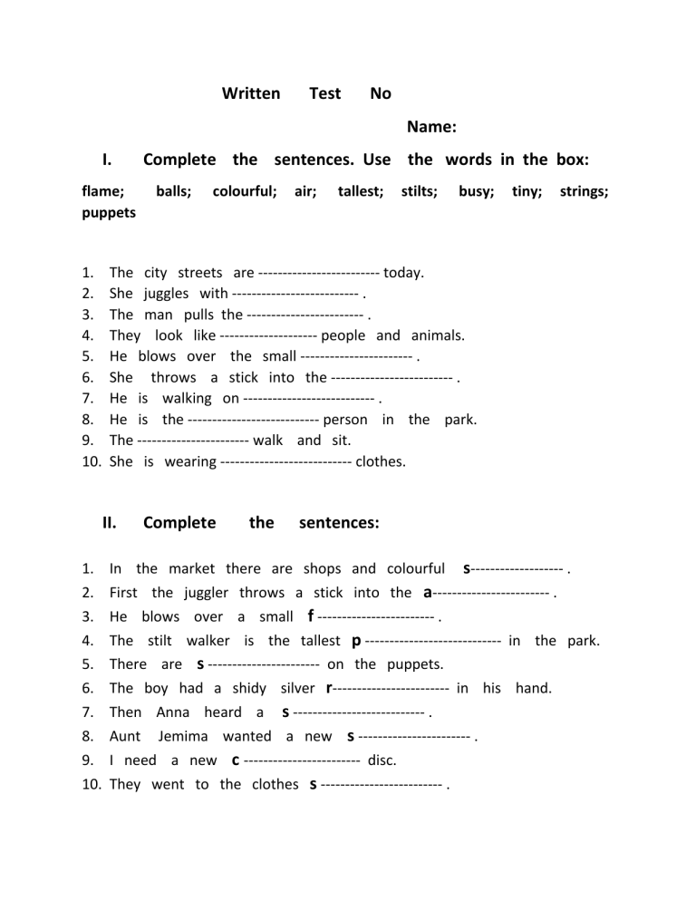 Vocabulary & Sentence Completion Worksheet