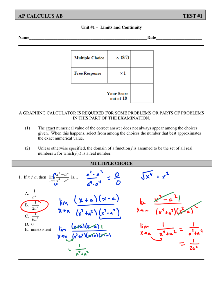 AP Calculus AB Test: Limits and Continuity