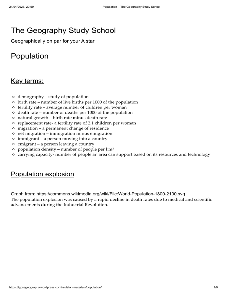 Population Geography Study Guide: Key Terms & Concepts