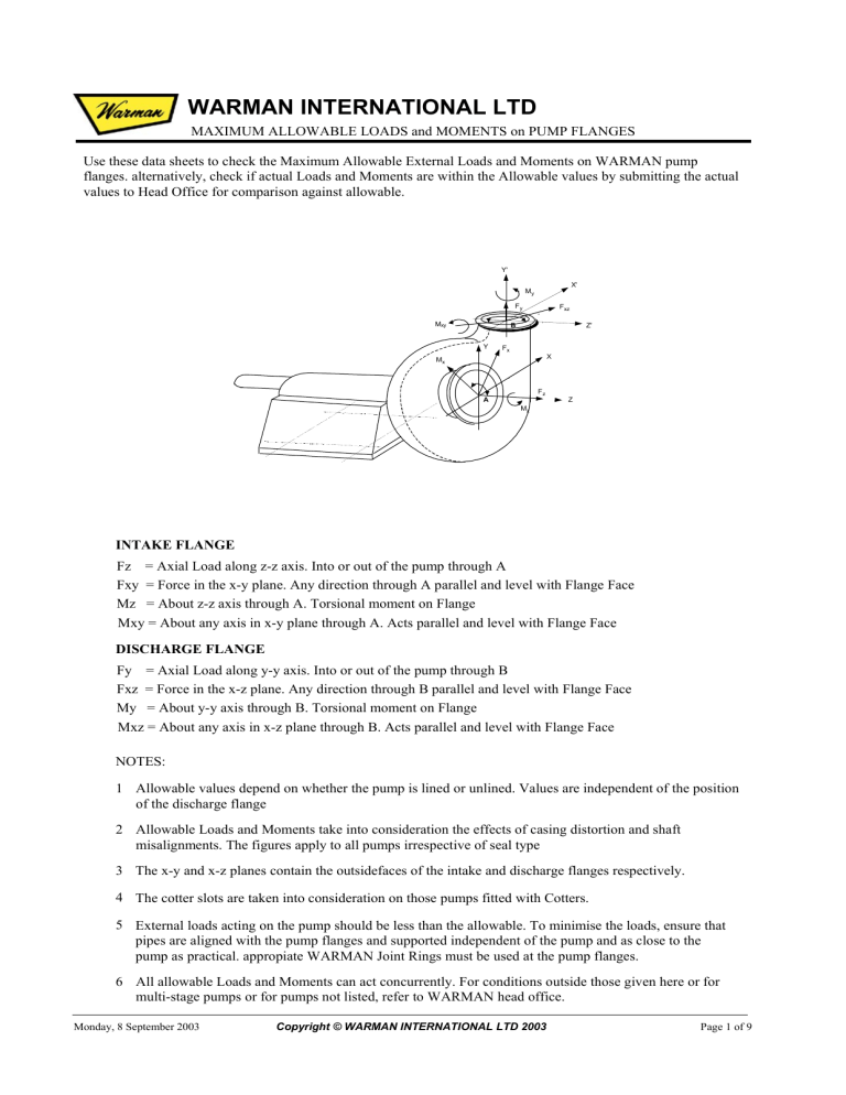 Warman Pump Flange Loads & Moments Data Sheet