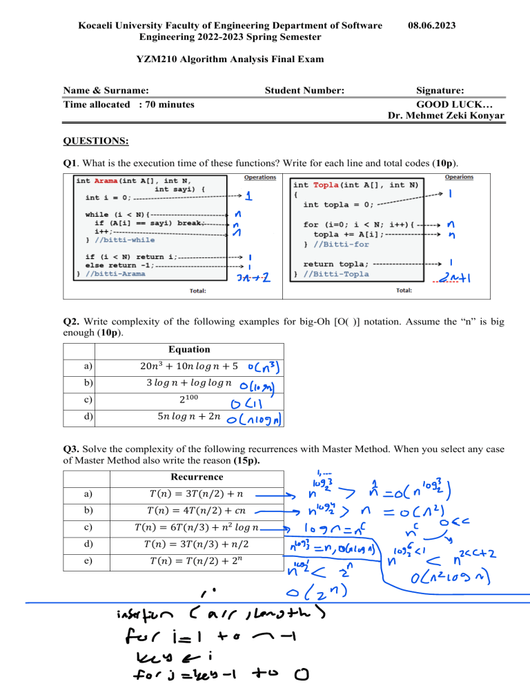 Algorithm Analysis Final Exam - Kocaeli University