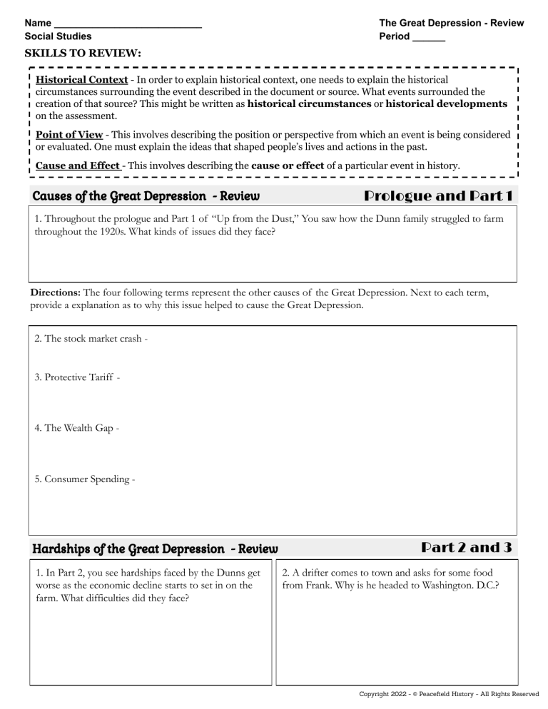 Great Depression Review Worksheet: Causes, Hardships, New Deal