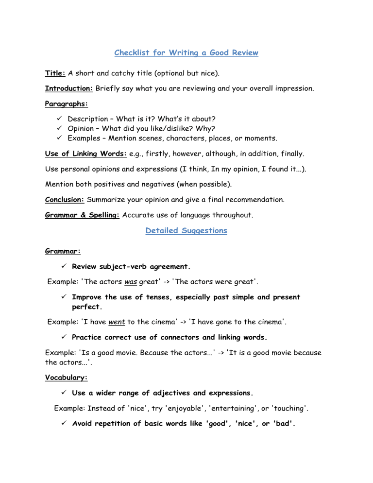 Review Writing Checklist: Improve Your Reviews