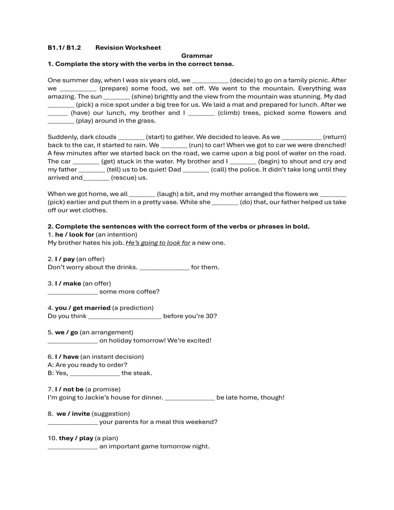 English Grammar & Vocabulary Revision Worksheet B1.1/B1.2