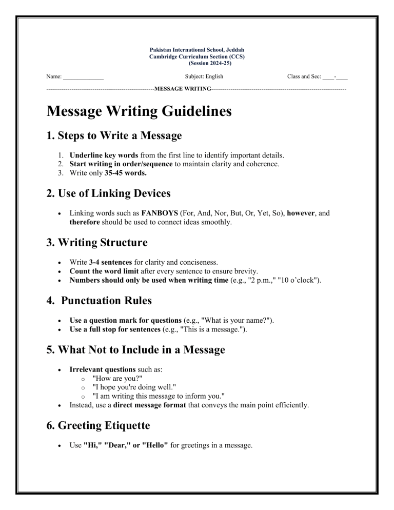 Message Writing Guidelines: English Worksheet