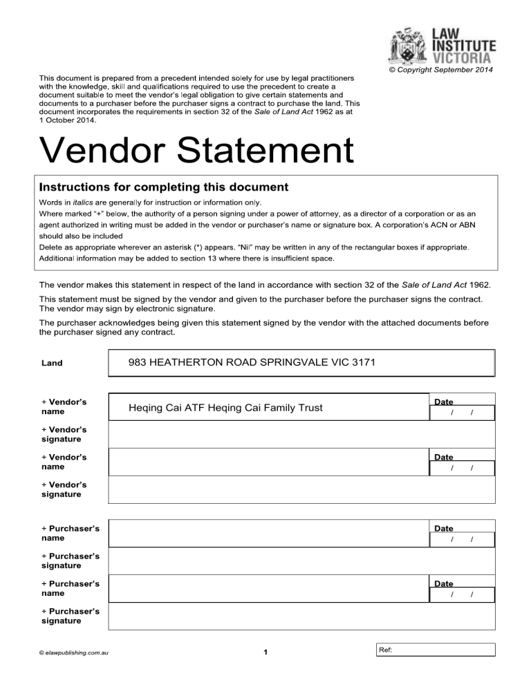 Vendor Statement: Real Estate Transaction Document